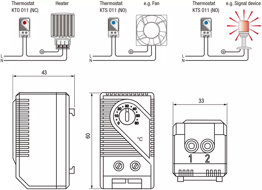 KTO 011 NC Heating KTS 011 NO Cooling Small Compact Thermostatic Bimetal Thermostat, KTO 011 ...